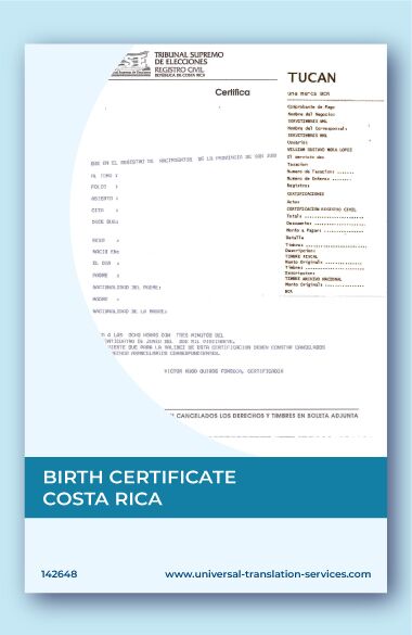 Buy a translated Spanish Birth Certificate for Costa Rica
